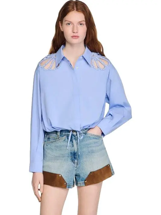 Sandro Embroidered Cotton Shirt - Sky Blue
