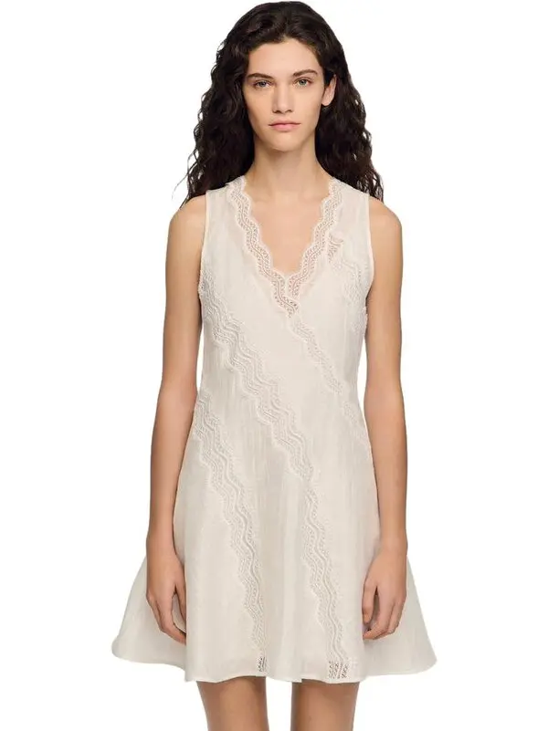 Sandro Trimmed Linen V-neck Dress - White