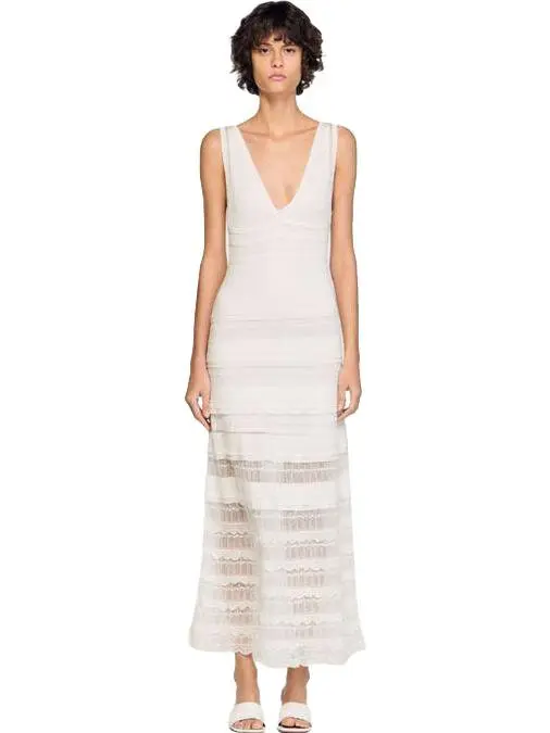 Sandro Pointelle Knit V-neck Maxi Dress - White