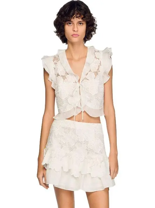 Sandro Floral Guipure Lace Crop Top With Ruffle Embellishments - White