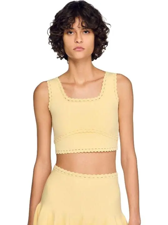 Sandro Knit Crop Top With Decorative Trim - Butter