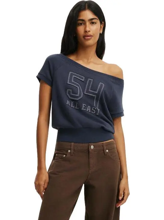 COTTON ON Short Sleeve Off Shoulder Sweatshirt - Shadow Navy 54