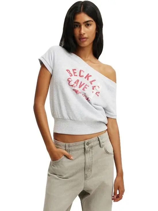 COTTON ON Short Sleeve Off Shoulder Sweatshirt - Soft Grey Marle Beckley