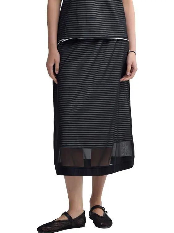 LUUKAA Saphina Striped Mesh Midi Skirt - Black Print
