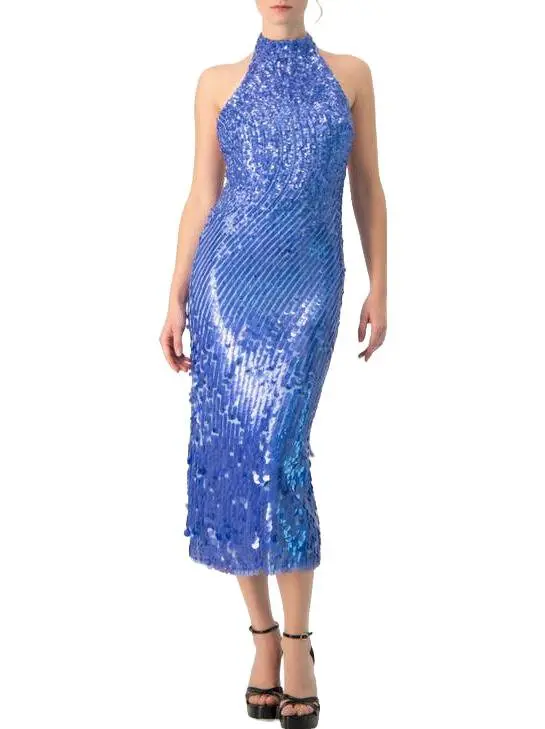 IVONNE Halter Paillette Sequin Midi Dress - Blue