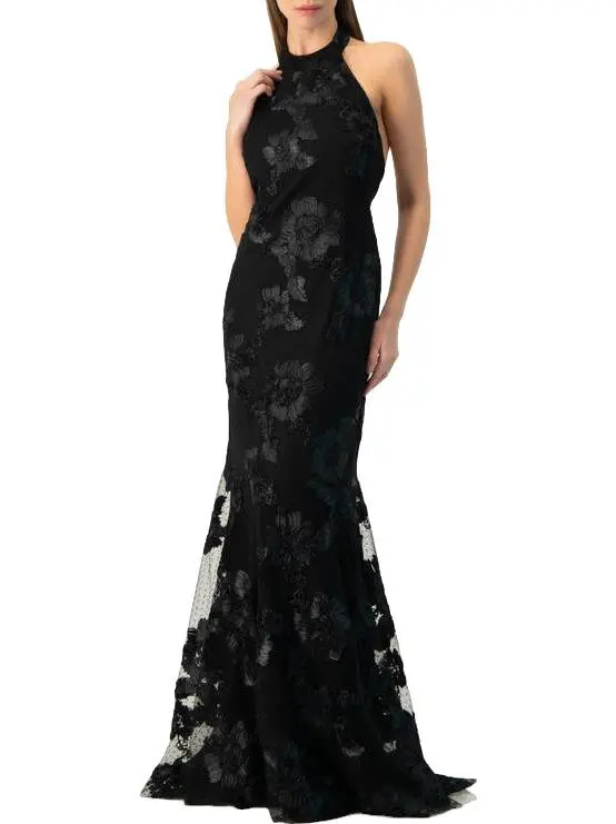 IVONNE Halter Floral Lace Mermaid Gown - Black