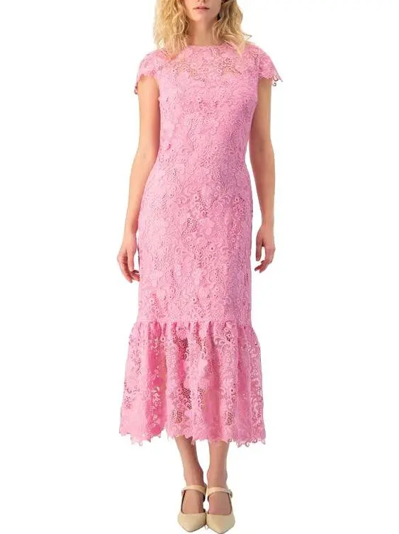 IVONNE Lace Cap-sleeve Midi Dress - Pink