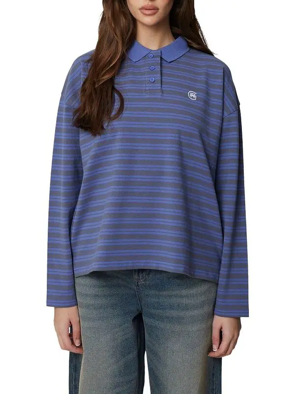 GOOD FOR NOTHING Long Sleeve Striped Polo - Blue