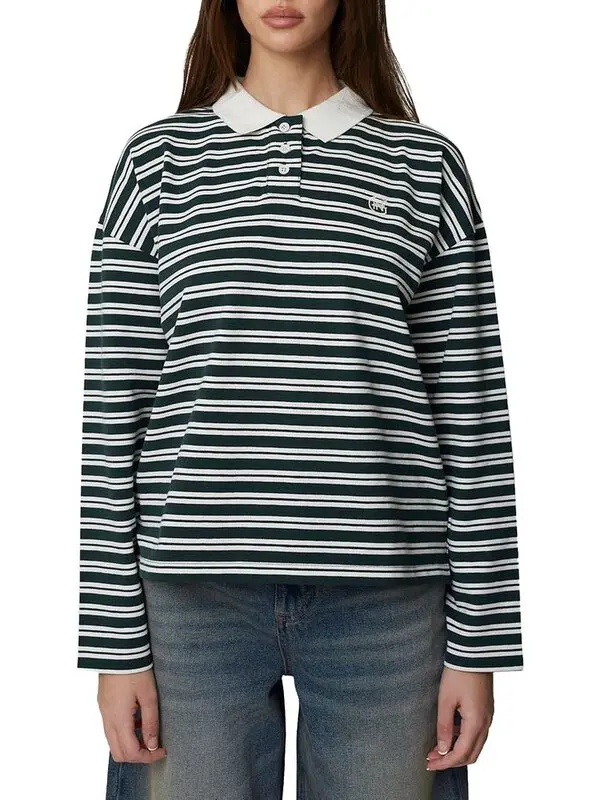 GOOD FOR NOTHING Long Sleeve Striped Polo - Green