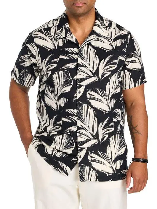 Perry Ellis Big & Tall Printed Leaf Camp Shirt - Black