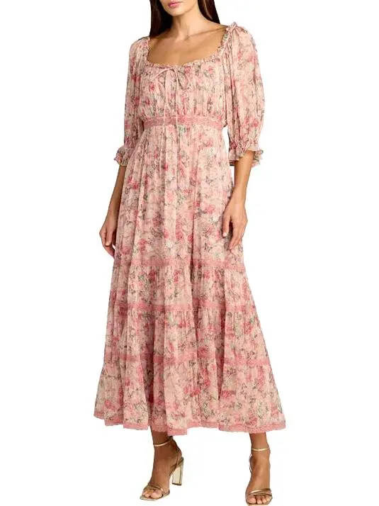 Mac Duggal Floral Printed Midi Dress With 3/4 Sleeves And Ruffled Neckline - Pink Multi