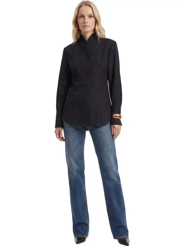 Gobi Cashmere Stand-collar Shirt With Adjustable Waist - Black
