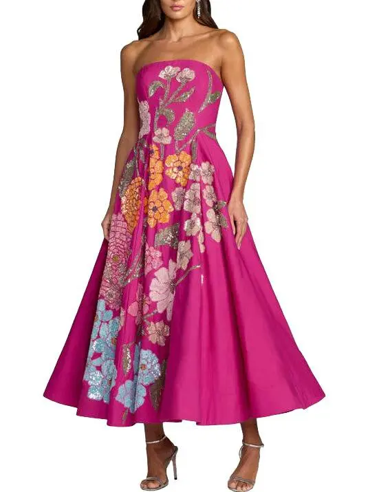 Mac Duggal Strapless Embellished Floral Midi Dress - Hot Pink Multi