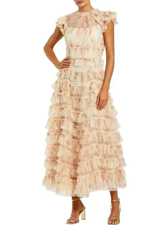 Mac Duggal Beaded Short Sleeve Crew Neck Sheath Midi Dress - Ivory Multi