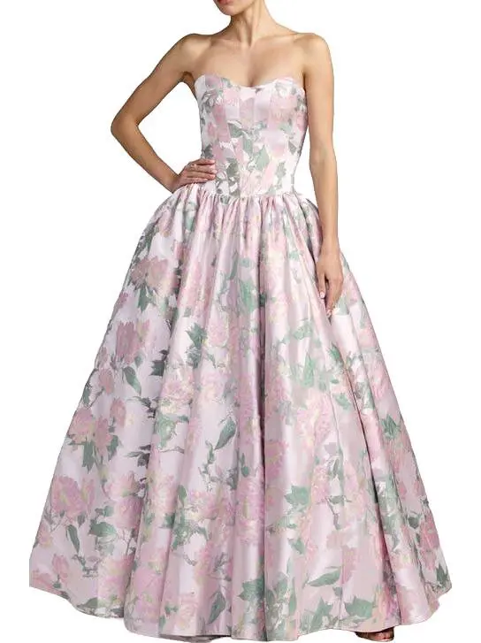 Mac Duggal Strapless Metallic Floral Ballgown With Pockets - Pink Multi