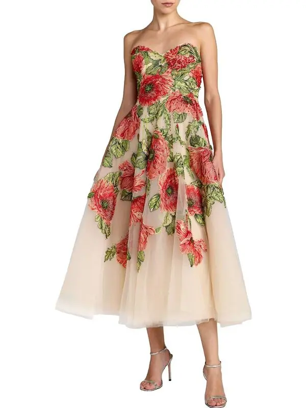 Mac Duggal Embroidered Mesh Strapless A-line Midi Dress - Nude Multi