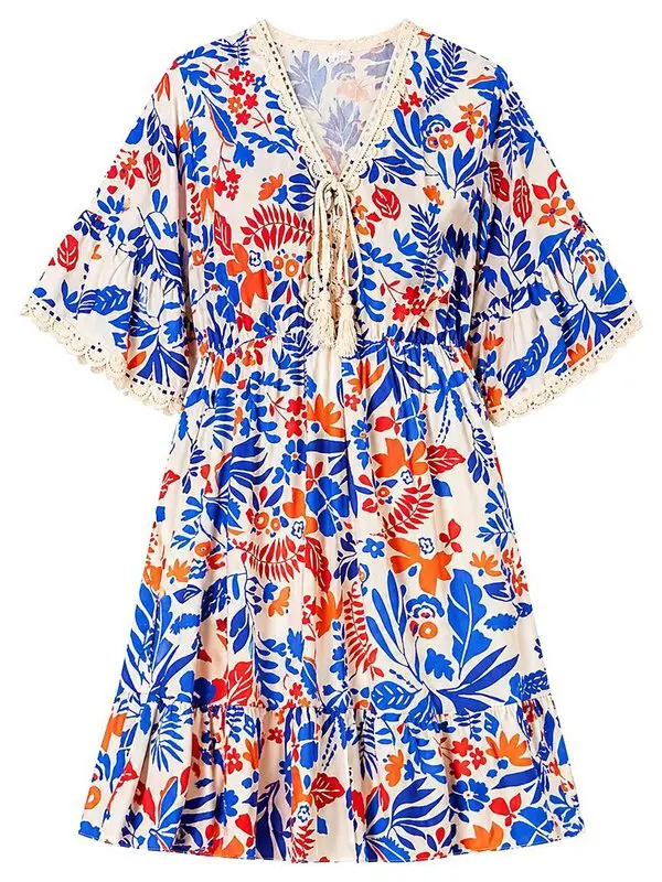 YUMI Multicolour Leaf Print Viscose Kimono Sleeve Tunic - Blue/orange