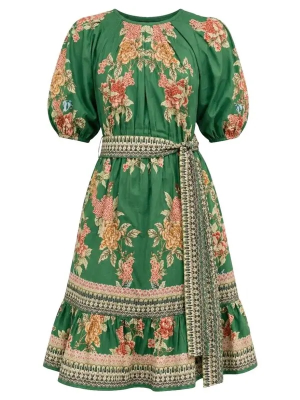 RAISHMA Petula Floral Print Belted Cotton Mini Dress - Green