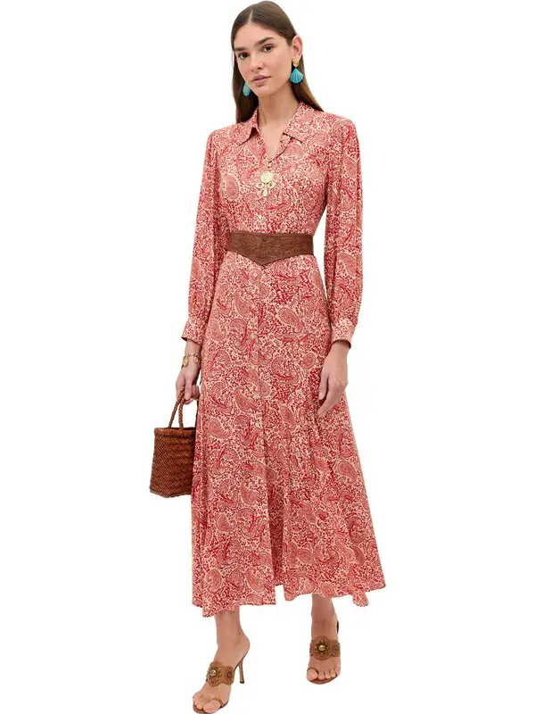 Rixo Maddison Woodcut Gremlin Printed Shirt Dress - Red