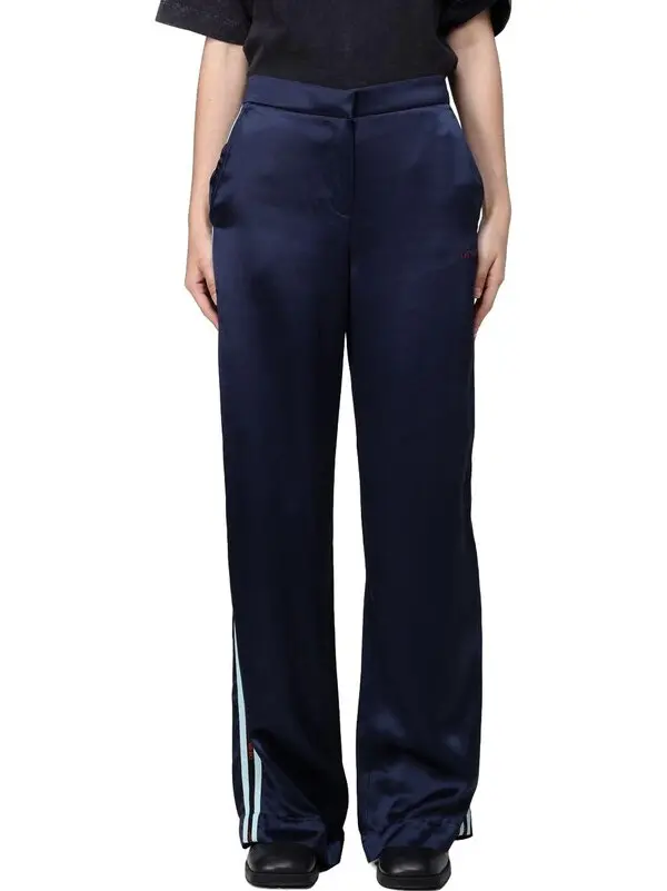 Off-White Wide Leg Satin Pants With Side Stripe Detail - Blue