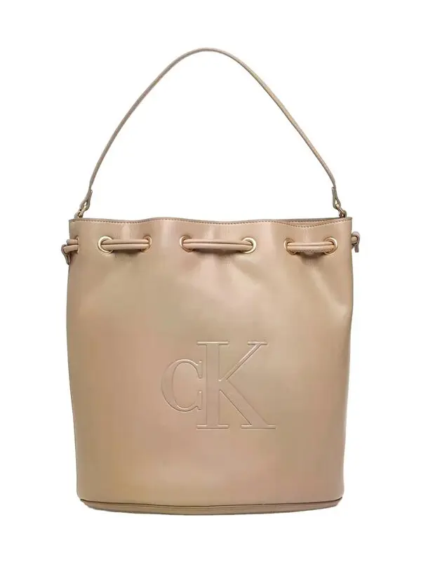 Calvin Klein Large Debossed Logo Drawstring Bucket Bag - Neutrals