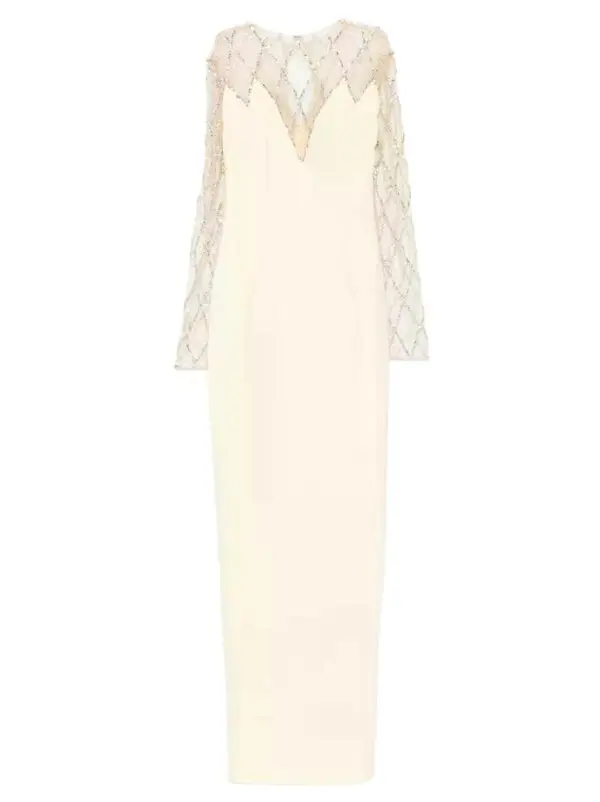 JEAN-LOUIS SABAJI Crystal-grid Embroidered Crepe Dress - Neutrals