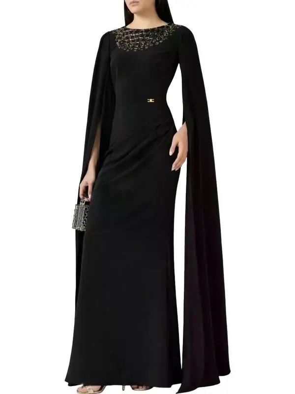 Elisabetta Franchi Sequin Embellished Cape Maxi Dress - Black