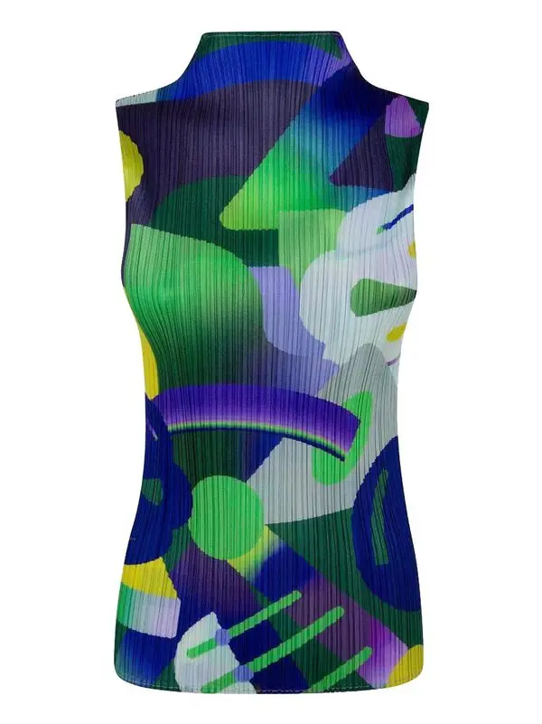 Issey Miyake Abstract Print Pleated High Neck T-shirt - Green