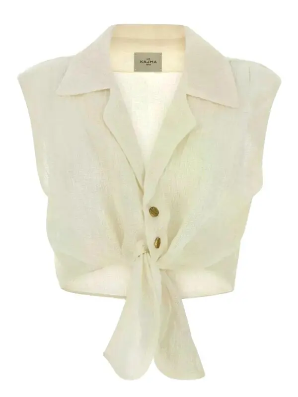 Le Kasha Sleeveless Cropped Shirt With Notched Collar And Front Tie - Neutrals