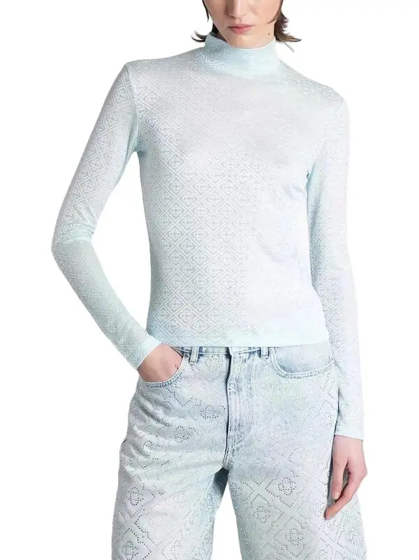 Casablanca Monogram High Neck Long Sleeve Top - Blue