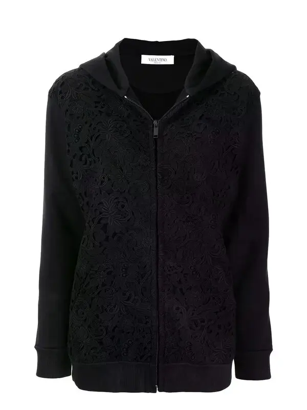 Valentino Garavani Zip-up Hoodie With Floral Embroidery And Logo Print - Black