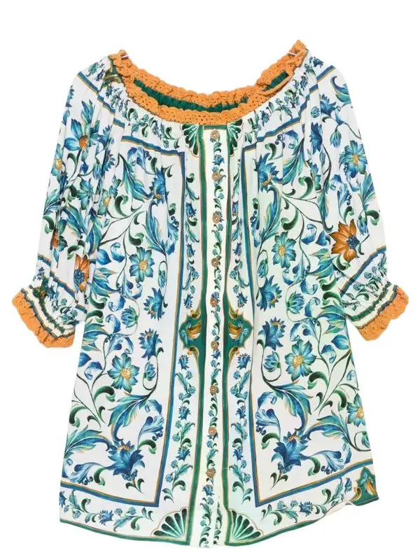 Farm Rio Flora Tile Floral-print Crochet-trim Mini Dress - White