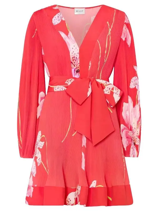 MILLY Floral-print Pleated Mini Dress - Red