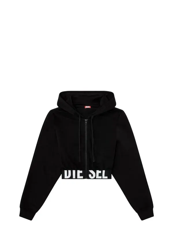 DIESEL® Logo Waistband Zip-up Cropped Cotton Hoodie - Black
