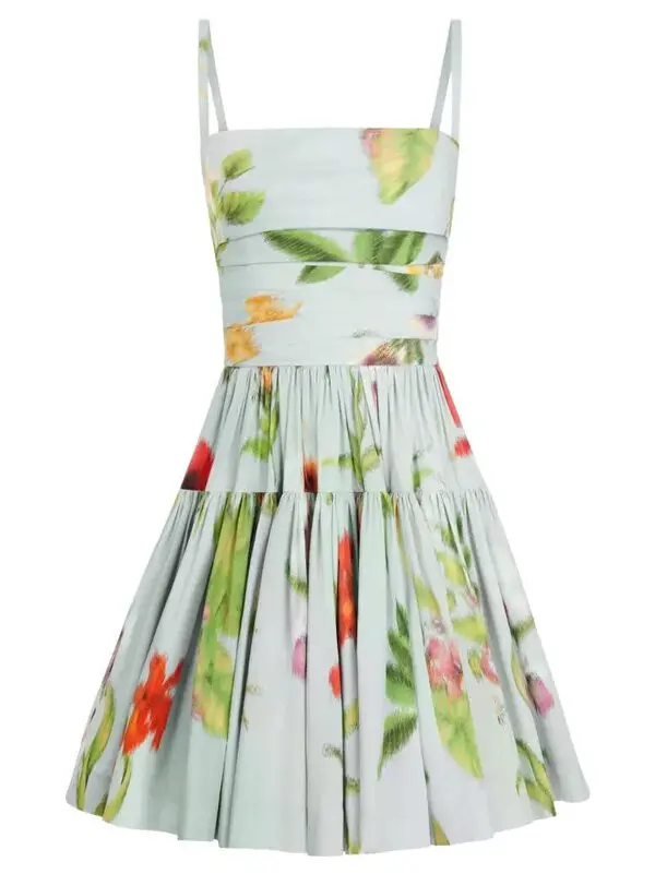 Oscar De La Renta Chiné Mixed-floral Cotton Poplin Tiered Dress - Blue