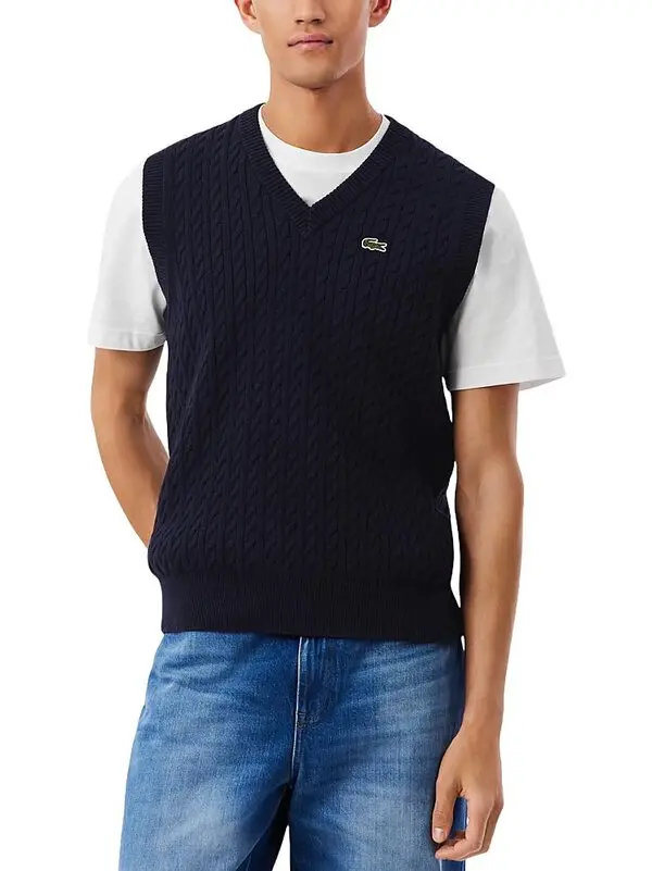 Lacoste Cable Knit Cotton Sweater Vest - Navy Blue/green