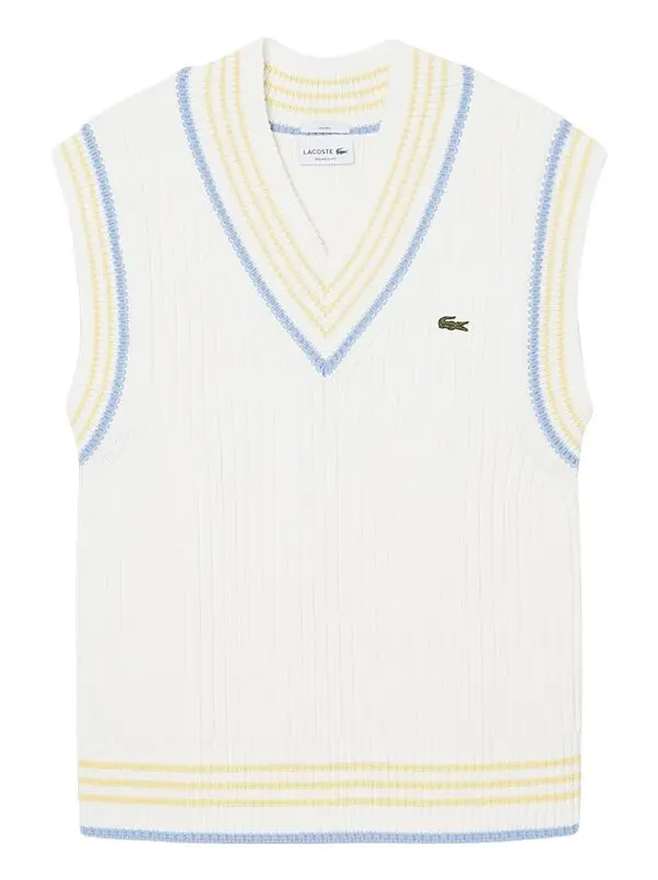 Lacoste Striped Rib Knit Cotton Sweater Vest - Blanc/bleu Clair/jaune