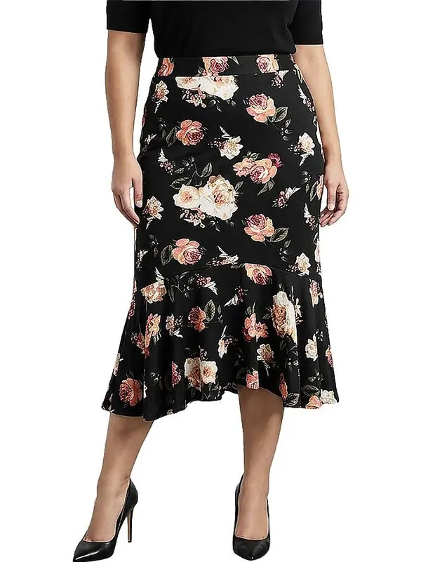 STANDARDS & PRACTICES Plus Floral High-rise Trumpet Skirt - Black Floral
