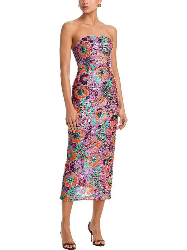 Ramy Brook Strapless Sequined Midi Dress - Coral Sequin Combo