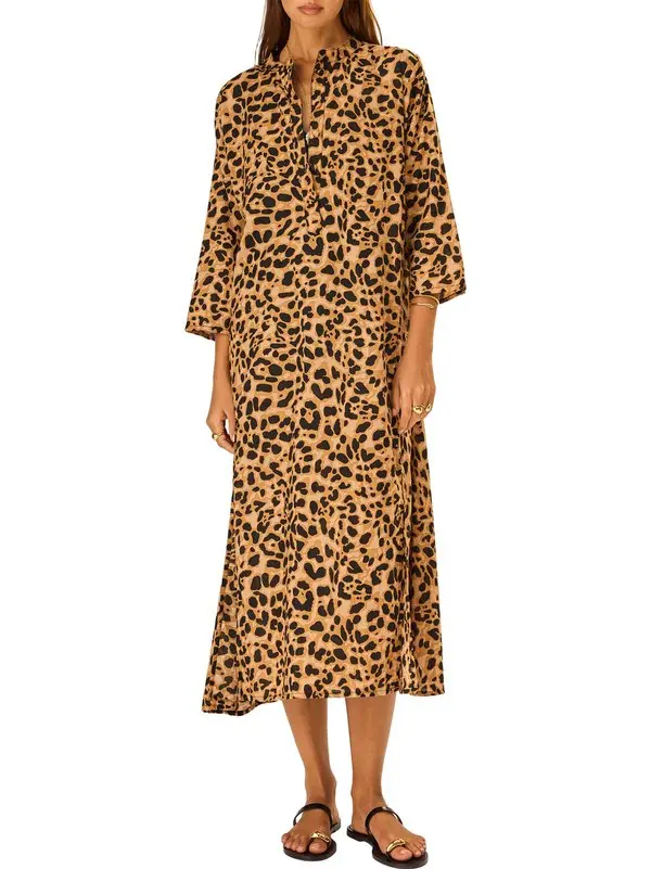 Natalie Martin Isobel Leopard Cotton Kaftan Midi Dress - Brown