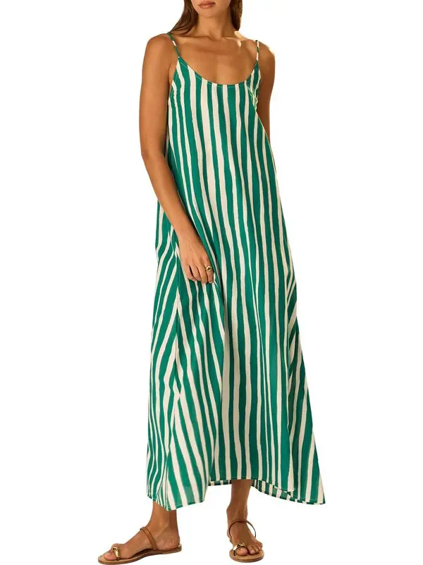 Natalie Martin Heather Stripe Cotton Maxi Slip Dress - Green