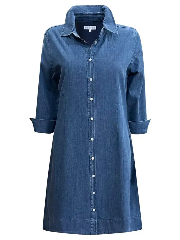 PERLAVERA Glenn Mid Wash Denim Three Quarter Sleeve Slim Fit Mini Dress - Blue
