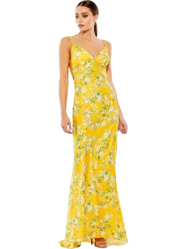 Mac Duggal Floral Print Empire Waist Bias Cut Sleeveless Gown - Yellow