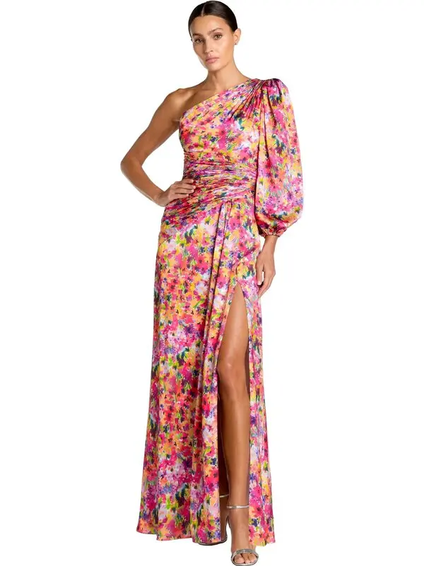 Mac Duggal One-shoulder Floral Charmeuse Gown With Slit - Multicolor
