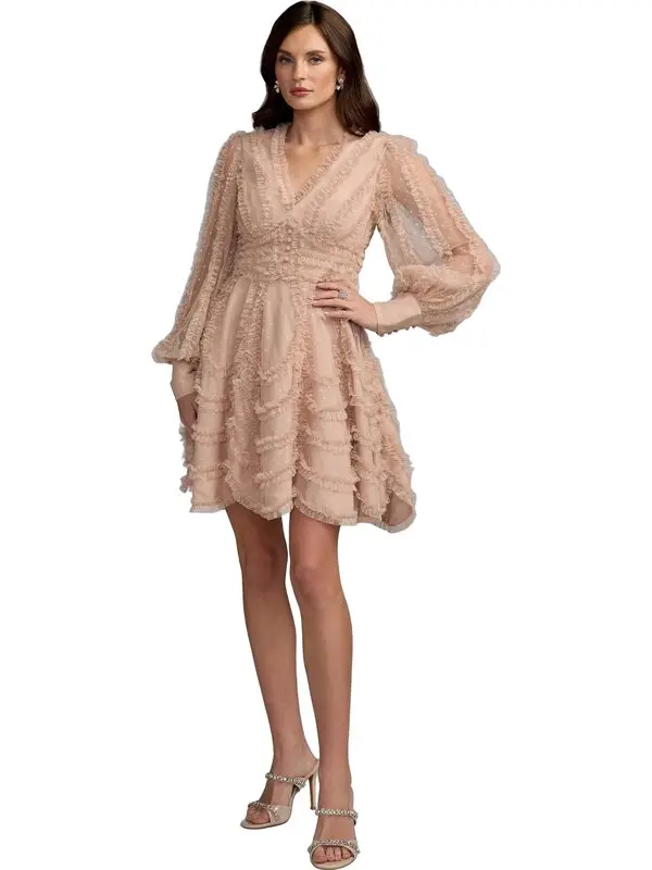 Mac Duggal Long Sleeve Ruffled V-neck Mini Dress - Bisque