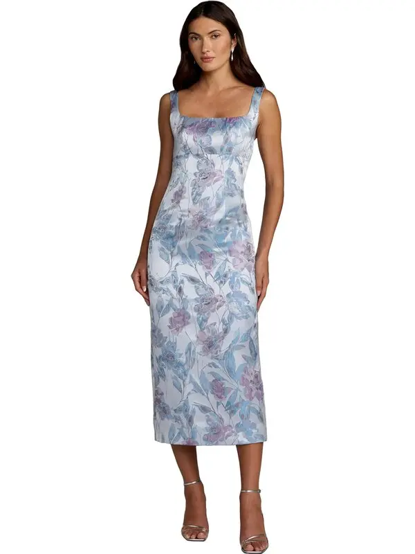 Mac Duggal Sleeveless Floral Square Neck Midi Dress - Blue Multi