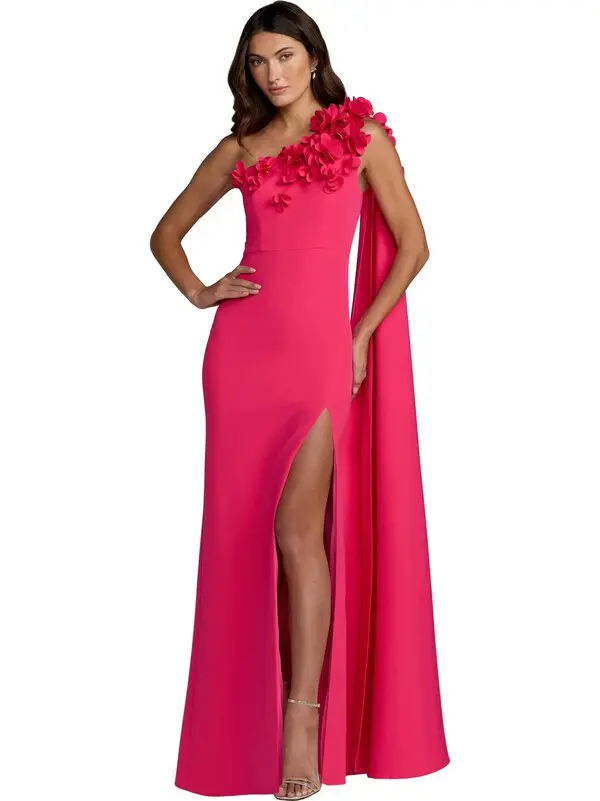 Mac Duggal One-shoulder Gown With 3d Floral Embellishments And Cape Detail - Hot Pink