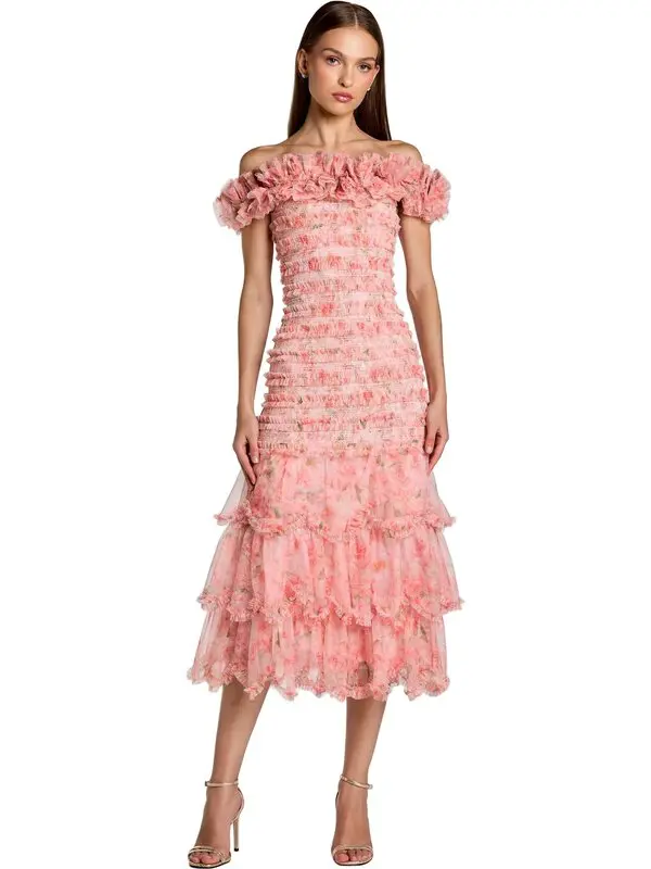 Mac Duggal Floral Off-the-shoulder Ruffle Midi Dress - Blush Multi