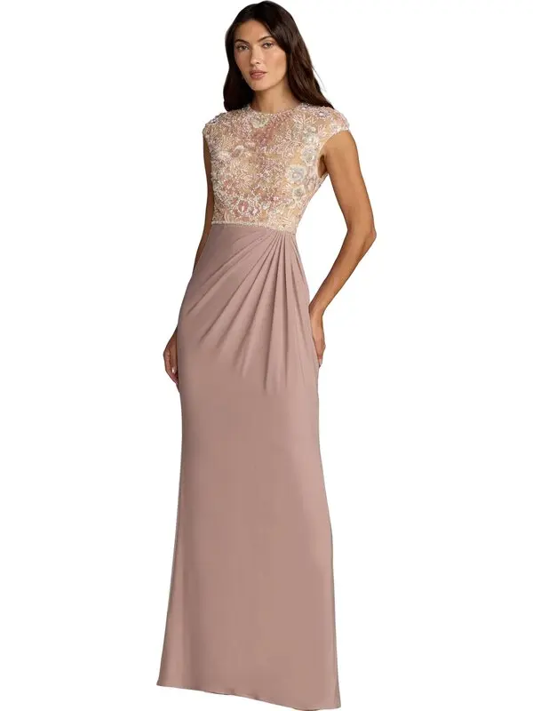 Mac Duggal Cap Sleeve Embroidered Gown - Taupe Multi