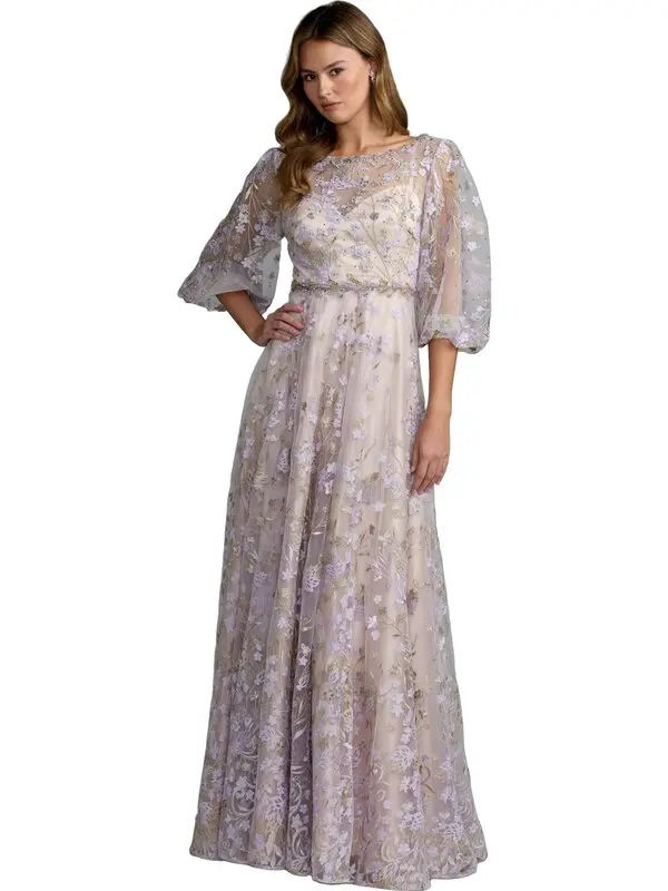 Mac Duggal Embroidered A-line Gown With 3/4 Puff Sleeves - Pastel Multi